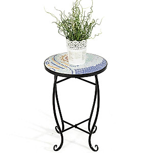 Modern Outdoor Indoor Round Accent Table Plant Stand Scheme Garden Steel Ocean Inlaid Glass Mosaic Top Patio Piece, Plant Stand