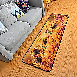 Fall Sunflower Pumpkins Runner Rug Kitchen Autumn Maple Leaf Butterfly Non Slip Doormat Area Rugs Runner Mats for Hallway Bedroom Bathroom Entryway Indoor Living Room Carpet Floor Mat 2X6 ft