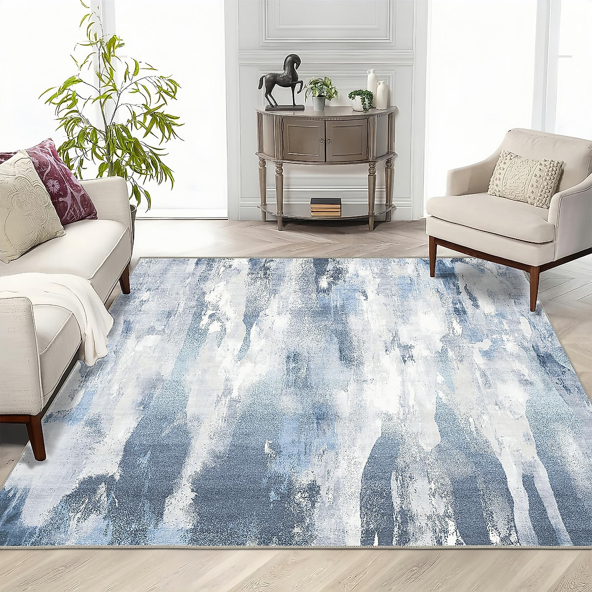 INGEROOM Washable Area Rug - Area Rugs 5x7 Abstract Soft Machine Washable Rug with Non-Slip Backing for Living Room, Bedroom, Dining Room (Gray and Blue, 5'x7' Feet)