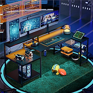 Bestier Gaming Desk with Power Outlet, 71.5 inch LED Computer Desk with Monitor Stand, L Shaped Large Desk with Metal Shelf, Cup Holder & Headset Hooks, Corner Desk for Bedroom 3D Carbon Fiber