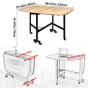 Rukulin Multifunction Table Drop Leaf Dining Table - 47" Solid Wooden Foldable Kitchen Table with 6 Wheels (Natural)