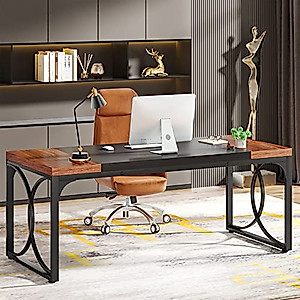 Tribesigns 63" Executive Desk, Large Office Computer Desk with Strong Metal Frame, Industrial Thicken Wood Workstation Business Furniture for Home Office, Easy Assembly (Walnut & Black)