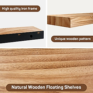 16.5in Floating Shelves, Natural Solid Wood Shelf Set of 2, Wall Shelves with Invisible Brackets, Rustic Wooden Wall Mounted Shelves for Bedroom/Living Room, Hold Up to 25lbs, Renter Friendly