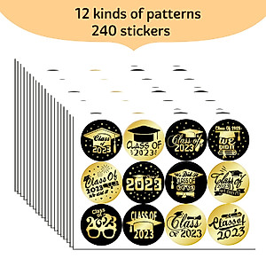 2023 Graduation Stickers, 240 Pieces Class of 2023 Grad Circle Stickers, Graduation Envelope Seals Candy Label Stickers (12 Design) - Black Gold