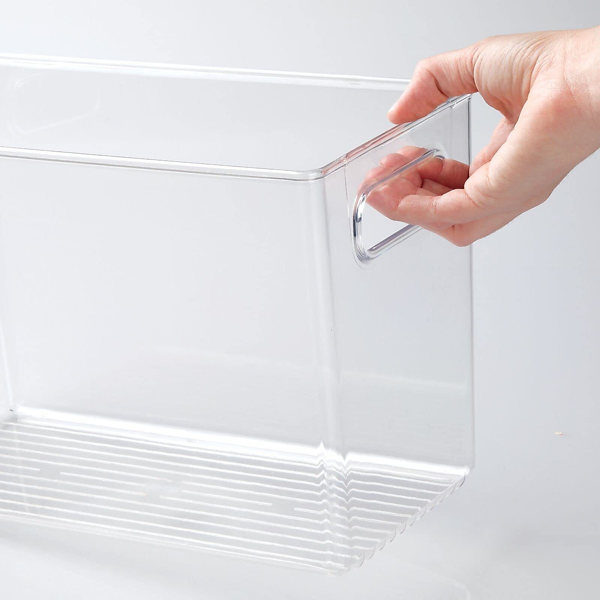 mDesign Plastic Storage Box – Narrow Open-Top Fridge Organiser Tray with Handle – Can Be Used as Fridge Tray, Shelf Box or for Cupboard Storage – Pack of 2 — Clear