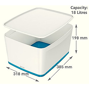 Leitz Large MyBox with Lid, Storage Box for Home and Office, High Gloss Plastic, 18 Litre, A4, White/Blue Metallic
