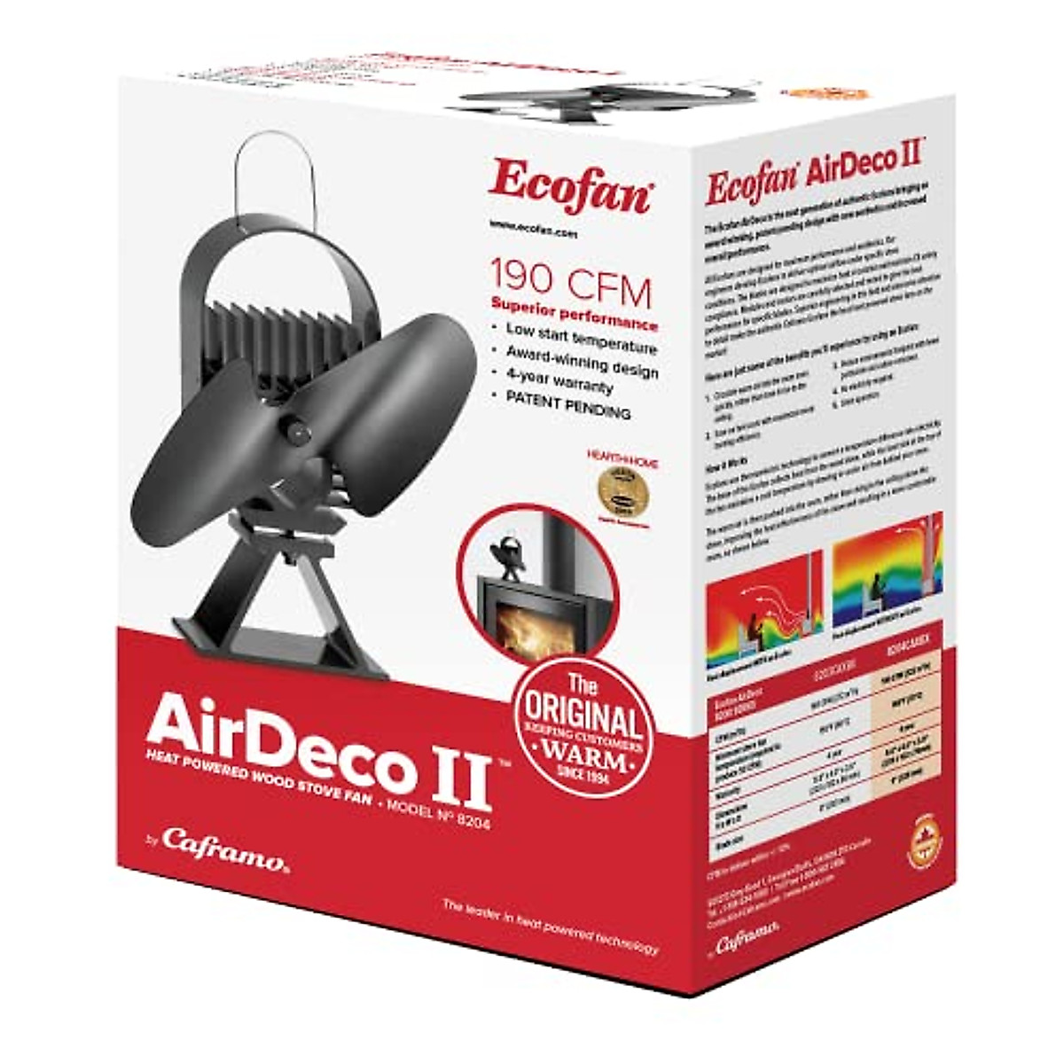 Ecofan® AirDeco II, Superior Performance Stove Fan, Heat Powered, Contemporary Style. Low Start Temperature, 190CFM Black Blade, Large-Sized