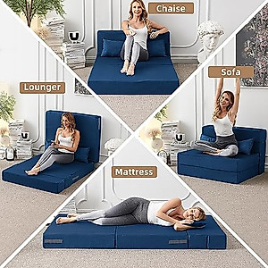 FILUXE Convertible Folding Sofa Bed - Sleeper Chair with Pillow, Modern Linen Fabric Floor & Futon Couch, Foldable Mattress for Living Room/Dorm/Guest/Home Office/Apartment,Standard Size, Navy Blue