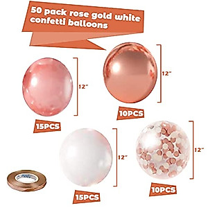 Zesliwy Rose Gold Confetti Balloons, 50 Pack 12 inch White and Rose Gold Latex Balloons with 33 Feet Rose Gold Ribbon for Birthday Party Wedding Graduation Bridal Shower Decorations.