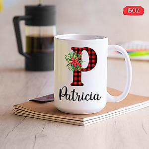 BigTees Personalized Floral Alphabet Mug, Custom Name Mug Gifts, Red Buffalo Plaid Monogram Initial, 11oz, 15oz