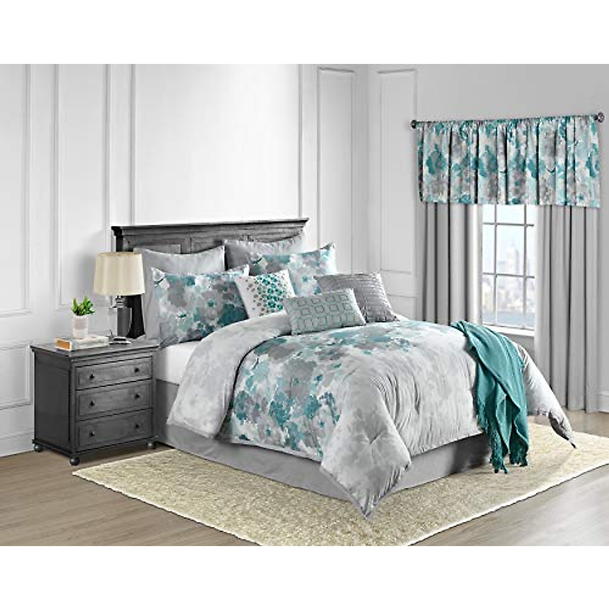 Lanwood Home Claire Cotton 10-Piece Comforter Set, Includes Comforter, Bed Skirt, 2 Standard Shams, 2 Euro Shams, 3 Throw Pillows & Throw Blanket, Teal Floral, King