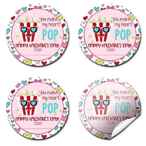 You Make My Heart Pop Fun Popcorn Themed Valentine Party Favor Sticker Labels for Kids, 40 2" Party Circle Stickers by AmandaCreation, Great for Classroom Valentines, Envelope Seals, Gifts, Treats