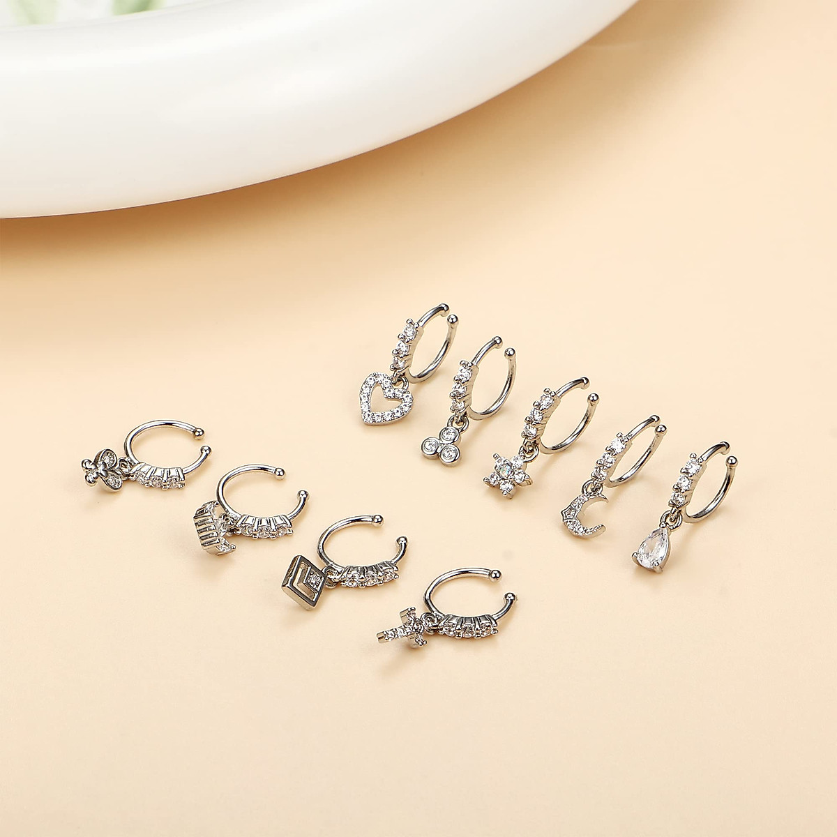 Florideco 9 Pcs 20G Dangle Fake Nose Rings Hoops for Women CZ Dangle Nose Rings Non Piercing Cartilage Earring Nose Cuffs Dangling Faux Nose Piercing Jewelry Silver Gold