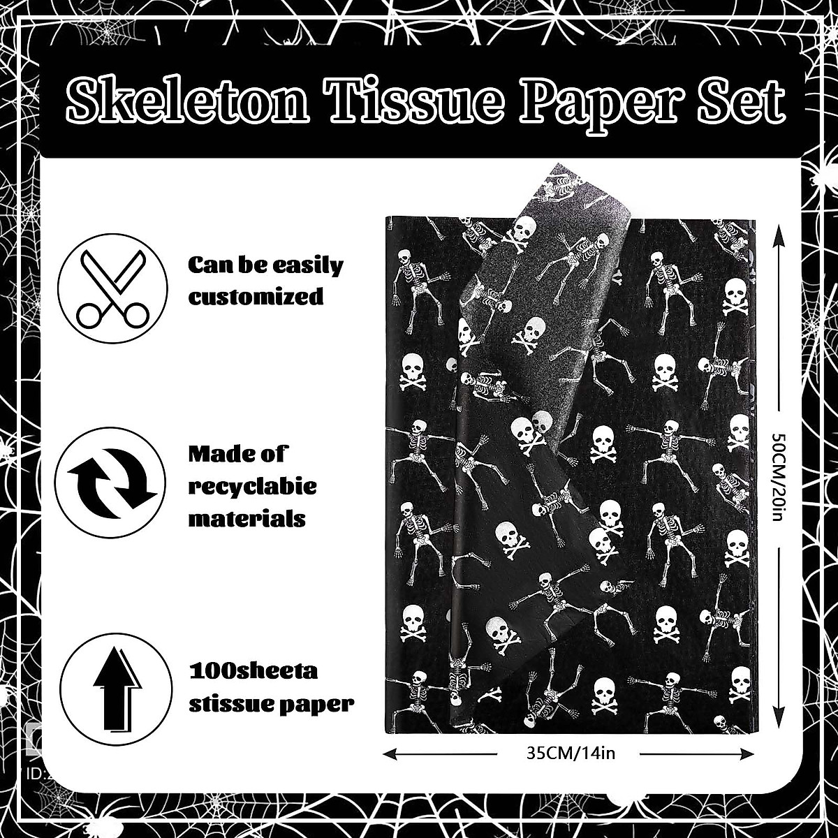 Bolsome 100 Sheets 20 × 14 Inches Halloween Tissue Paper for Gift Packaging Black White Dancing Skeleton Patterned Tissue Paper for Halloween Trick or Treat Party DIY Craft