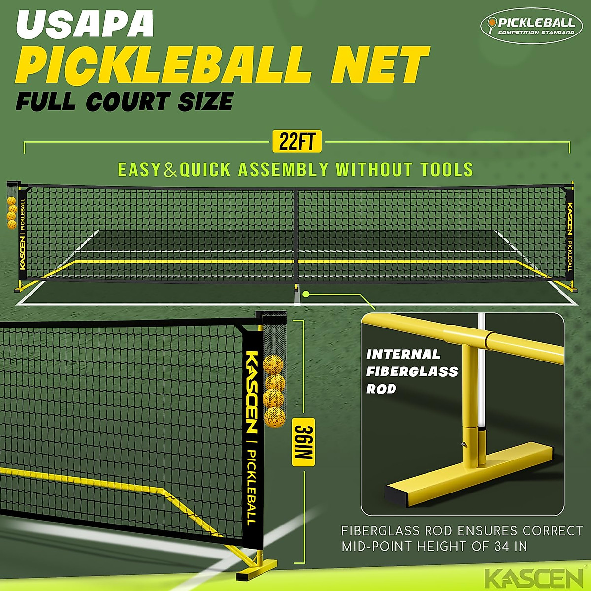KASCEN Pickleball Net - Pickleball Net for Driveway, 22FT USAPA Portable Pickleball Set with Net, Pickle Ball Net with 4 Pickleballs & Carry Bag, Pickle Ball Net for Outdoor Indoor Court Backyard