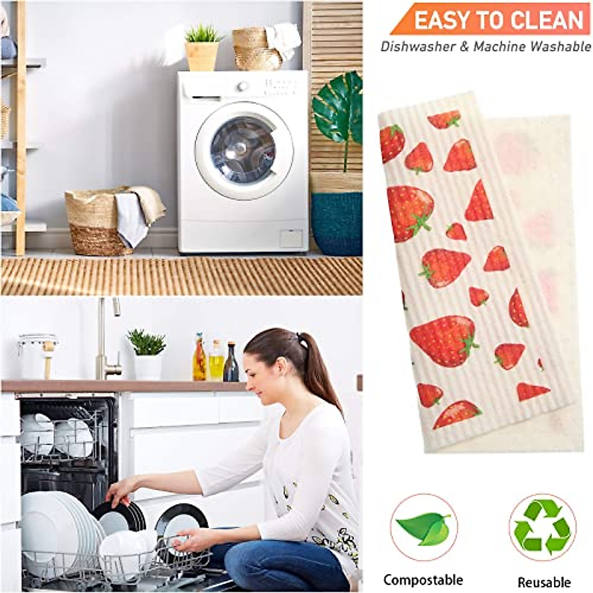 Mixed Fruit Swedish Kitchen Dishcloths Reusable Dish Towels Absorbent and Fast Dry Cleaning Cloths for Kitchen Blueberry Cherry Strawberry Lemon Pineapple Watermelon Cleaning Wipes (6 Pieces)