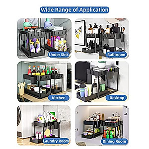 Under Sink Organizers and Storage 2 Pack, 2 Tier Under Cabinet Organizer, Bathroom Counter Organizer, Multi-purpose Kitchen Bathroom Sink Storage with Sliding Storage Drawer, 8 Hooks, 2 Cups