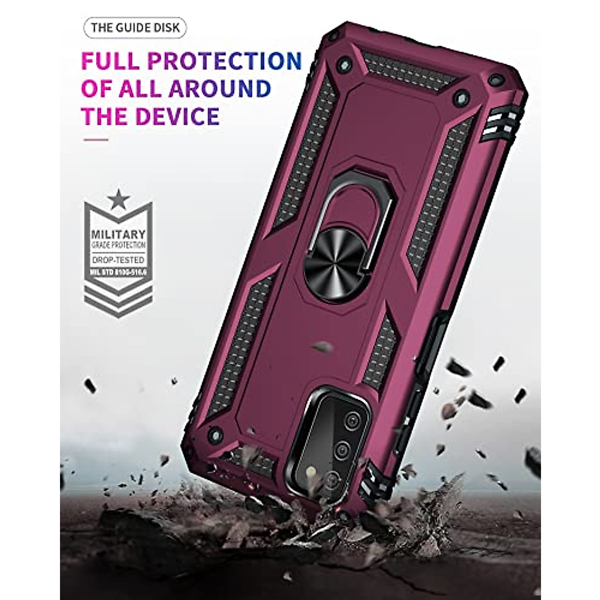 YmhxcY Galaxy A03S Case with Military-Grade Explosion-Proof Screen Protector【2 Pack】, Magnetic Car Mount Ring Holder Stand Cover for Samsung Galaxy A03S (6.5 Inch)-AA Wine Red