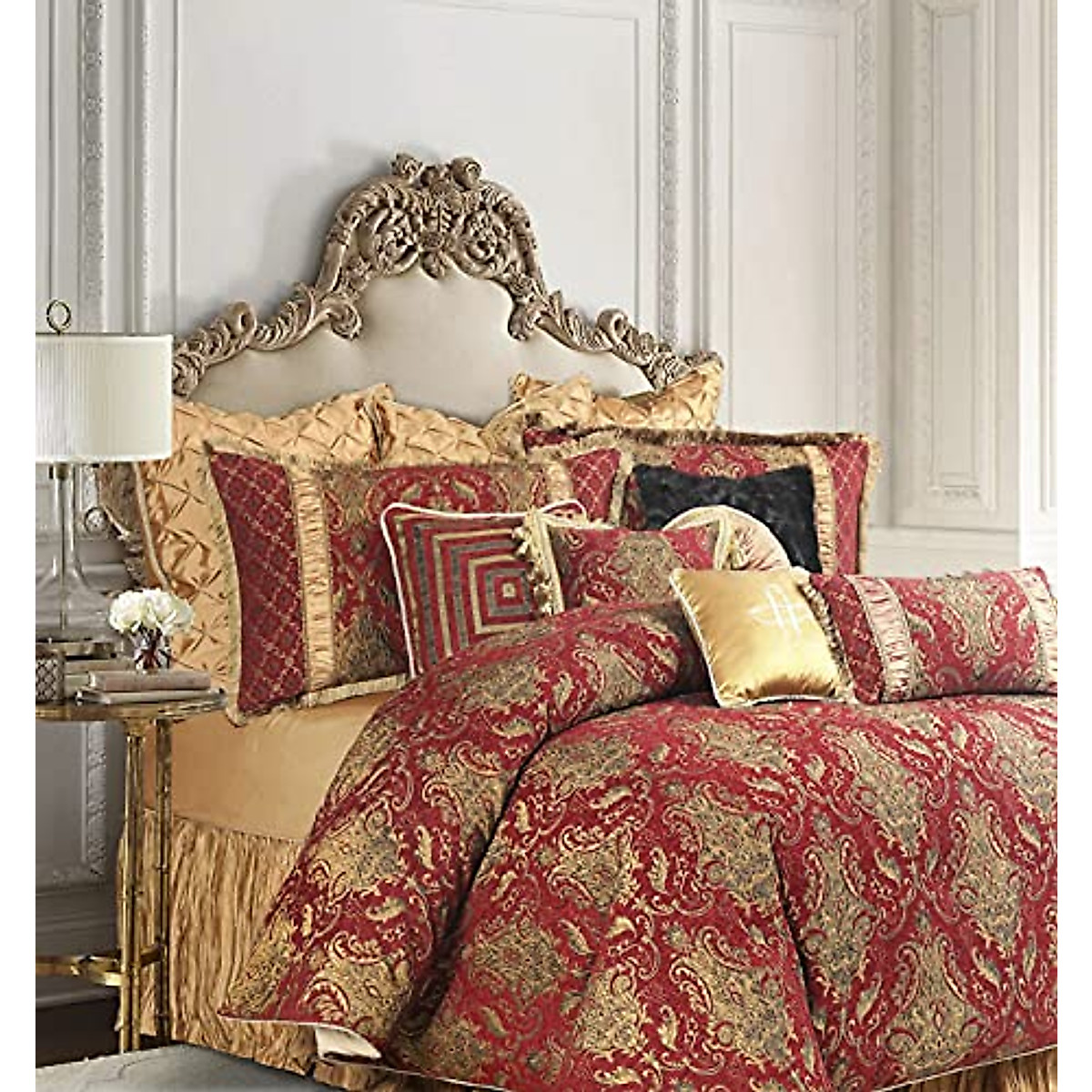 Loom and Mill 13-Piece Comforter Bed in a Bag, Classic Damask Jacquard Comforter Sets King, Luxury Bedding Set with Bed Skirt, Euro Shams and Decorative Pillows, All Season(Florence, King) Red