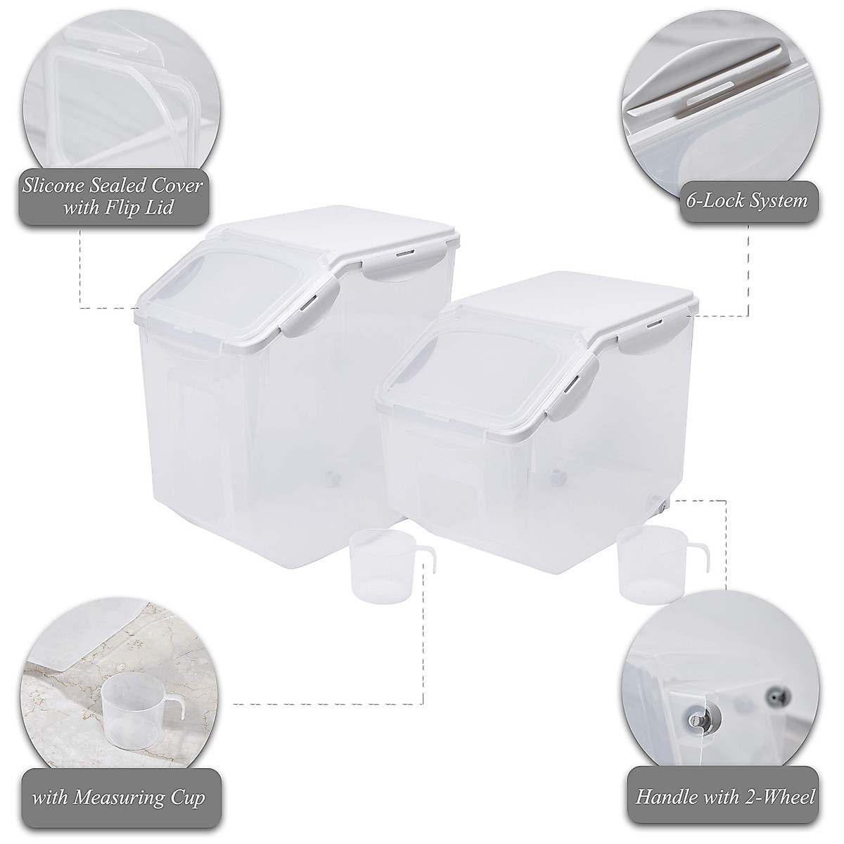 HANAMYA Food Storage Container with Measuring Cup, BPA free, 50-Cup, For Rice | Grain | Pet Food | Flour, Clear & Off White