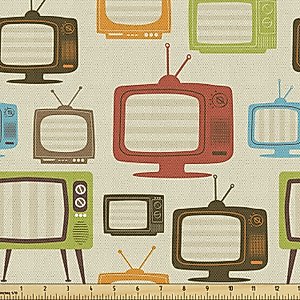 Ambesonne Vintage Fabric by The Yard, Old Televisions Pattern in Retro Colors Antenna Electronics Entertainment Nostalgic, Decorative Fabric for Upholstery and Home Accents, 1 Yard, Dark Cream