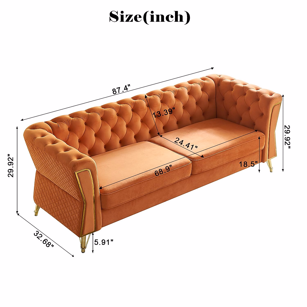 Vensico Modern Velvet Sofa Couch for Living Room, 87.4 Inch Long Tufted Sofa Unique Upholstered Couch Oversized Sofa Decor Furniture with Golden Metal Legs (Orange)