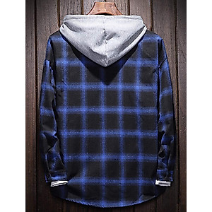 Lavnis Men's Plaid Hooded Shirts Casual Long Sleeve Lightweight Shirt Jackets Blue XL