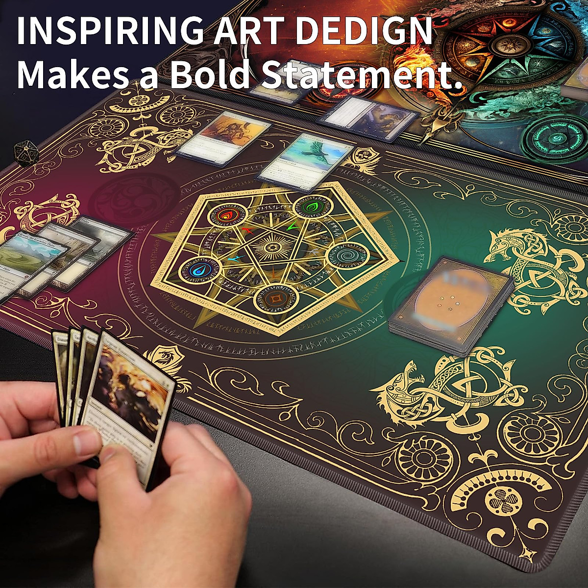 EDGFRTOIO Playmat with Zones for MTG Card Game Playing, Game Mats Tabletop Magic Play Mats 24"x14" Commander Deck Gaming Desk Duel Mat Card Gameplay Mats for Beginner, Five Elements