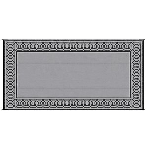 Outsunny Reversible Outdoor Rug, 9' x 18' Waterproof Plastic Straw Floor Mat, Portable RV Camping Carpet with Carry Bag, Large Floor Mat for Backyard, Deck, Picnic, Beach, Black & Gray Border