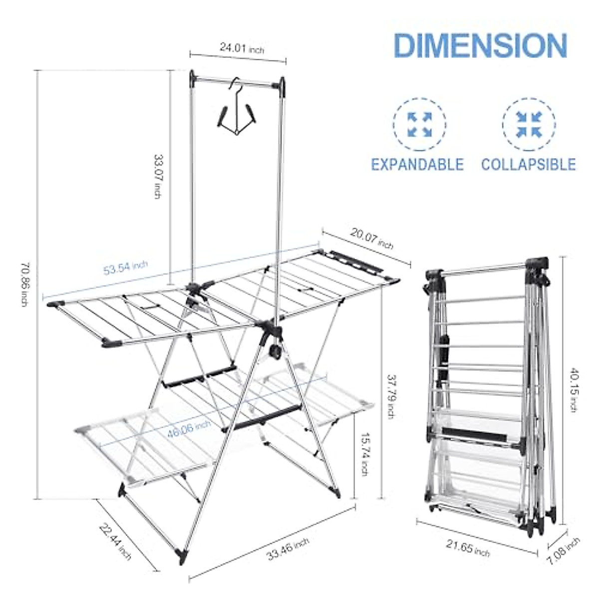 TOOLF Clothes Drying Rack with High Hanger, Foldable 2-Level Drying Racks for Laundry, Laundry Stand with Height-Adjustable Gullwings