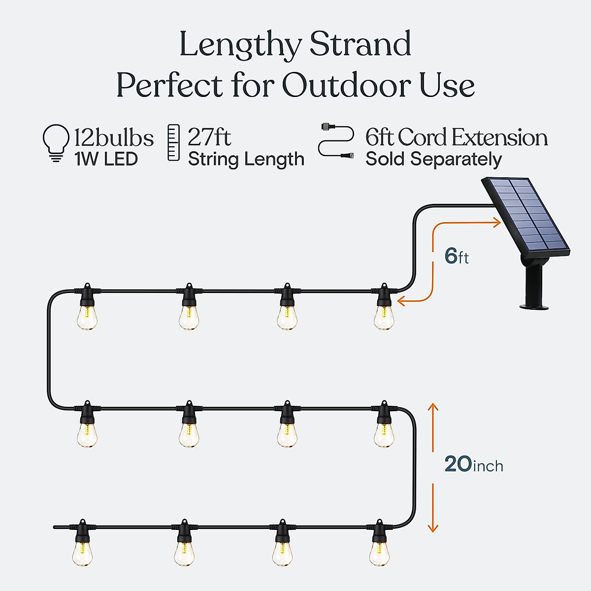 Brightech Ambience Pro Solar Powered Outdoor String Lights - Commercial Grade Patio Lights with 27 Ft Edison Bulbs - Shatterproof LED Solar String Lights, Christmas - 1W 12 Bulbs, Warm White Light