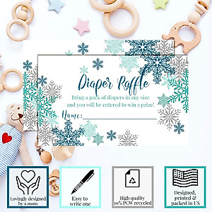 Amanda Creation Blue and Silver Snowflake Diaper Raffle Tickets for Boy Baby Showers, 20 2" X 3” Double Sided Insert Cards for Games, Bring a Pack of Diapers to Win Favors & Prizes!