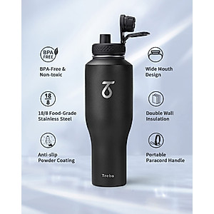 Trebo 40oz Insulated Water Bottle that Fits in Cup Holder, Stainless Steel Bottles Tumbler Double Wall Metal with Straw Spout Lids,Travel Flask with Paracord Handle, Sweat Proof Keep Cold &Hot,Black