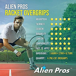 ALIEN PROS Tennis Racket Grip Tape (6 Grips) - Precut and Dry Feel Tennis Grip - Tennis Overgrip Grip Tape Tennis Racket - Wrap Your Racquet for High Performance (6 Grips, Black)