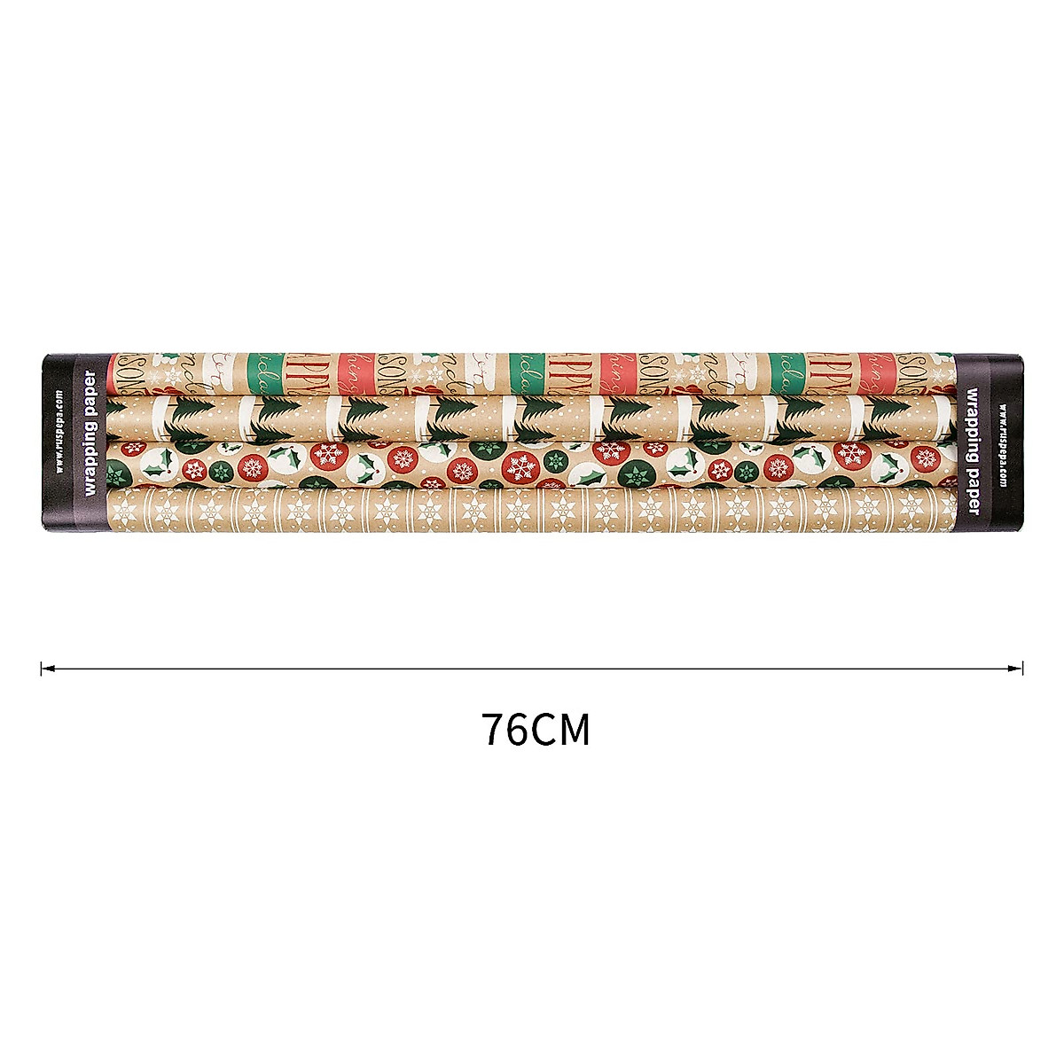 RUSPEPA Christmas Wrapping Paper, Kraft Paper - Christmas Tree, Snowflake and Seasonal Brocade Style Designs - 4 Rolls - 30 inches x 10 feet per Roll