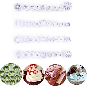 Fondant Cutters，Mini Plunger Cutter Cake Decorating Supplies,36pcs,Heart/Square/Oval/Circular/Polygon/Star/Diamond/Sunflower/Plum Flower,White