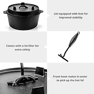 DARTMOOR 9 Quart Pre-Seasoned Cast Iron Dutch Oven with Lid and Lid Lifter Tool Outdoor Deep Camp Pot for Camping Fireplace Cooking BBQ Baking Campfire 9 QT
