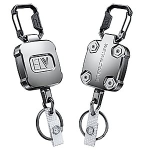 ELV Retractable ID Badge Holder, Retractable Keychain Badge Reel, Heavy Duty Metal Body, Strong Dyneema Cord, Carabiner and Key Chain, 30 inch Wire Extension, Hold Up to 15 Keys and Tools [1 Pack]