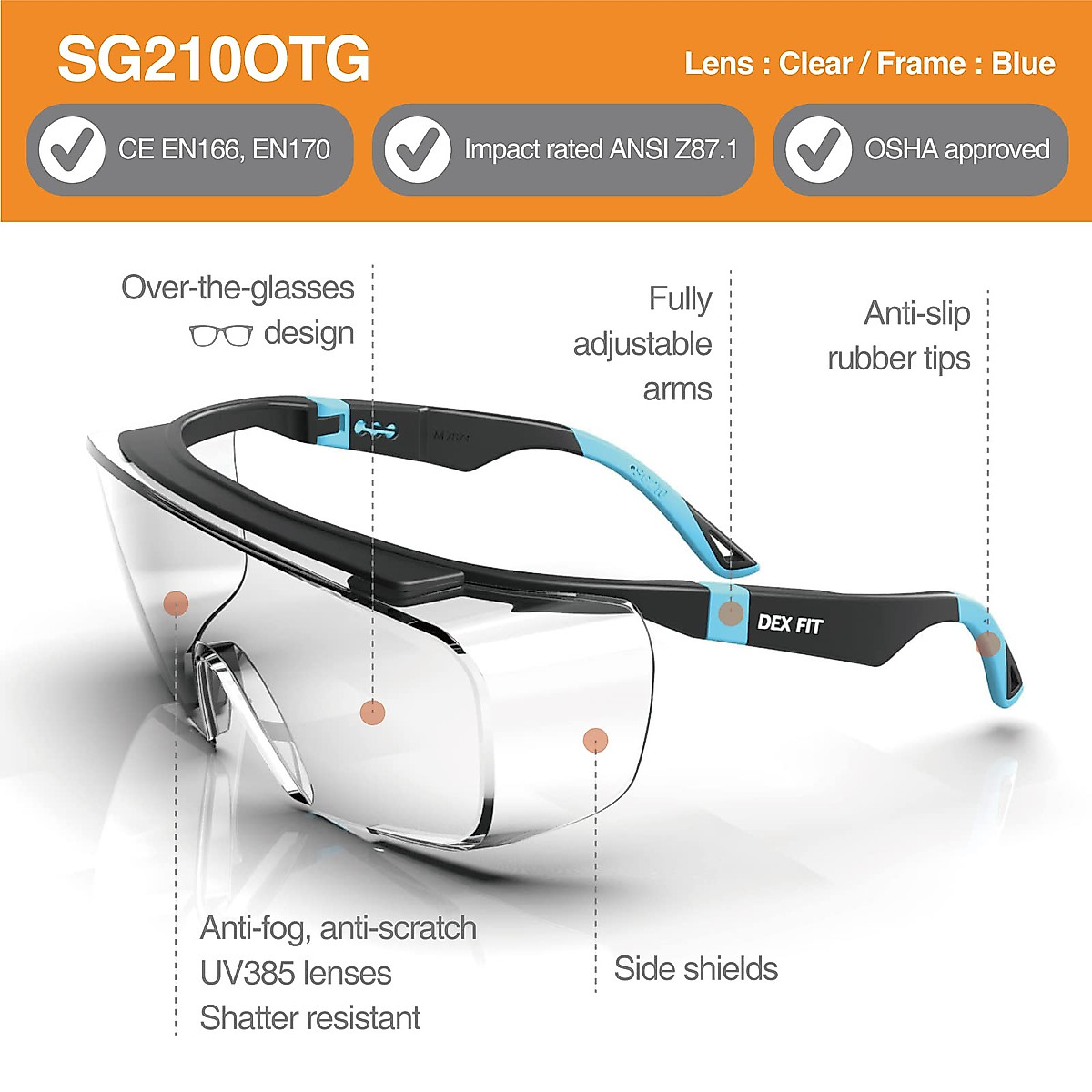 DEX FIT Safety Work Over Glasses SG210 OTG; Z87 Eye Protection for Men & Women, Fog & Scratch Resistant, Adjustable, UV Block (Black & Blue Frame, Clear Lens)