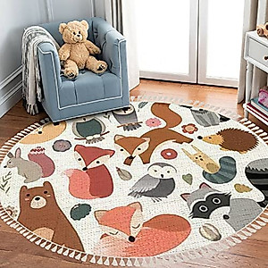 DNEWYNPABV Round Rugs Woodland Animals Cute Forest Design Elements Boho Area Rug Linen and Cotton Carpet Meditation Rug Washable Hallway Runner Mat Accent Rug for Bedroom Bathroom 3ft