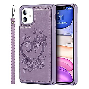 Jaorty for iPhone 11 Wallet Case with RFID Blocking Card Holder for Girls Women,Premium PU Leather Magnetic Buttons Stand Flip Wrist Strap Case for iPhone 11 6.1 Inch,Heart Purple