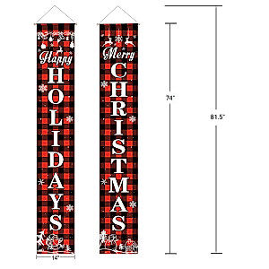 ZiegLad Merry Christmas Banner Front Porch Sign, Buffalo Plaid Christmas Door Banner, Christmas Hanging Banner for Yard Home Fireplace Front Door, Indoor Outdoor Xmas Party Holiday Burlap Flag Banner