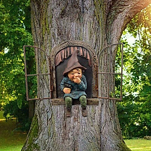 JTZXJJX Elf Out The Door Tree Hugger, Garden Statue Gnome Resin Gnome Figurine, Hanging Garden Gnomes Tree Gnome Decoration for Patio Lawn Ornament (Women)
