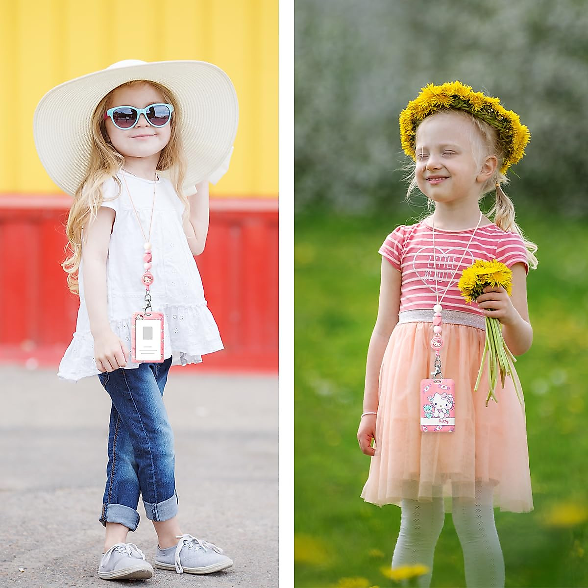 Kawaii Cartoon Anime ID Badge Holder with Beaded Lanyard, Cute Kitty Name Tag ID Card Case Retractable Reel with Breakaway Strap Clip Clasp Back to School Supplies for Kids Girl Student Teacher Nurse