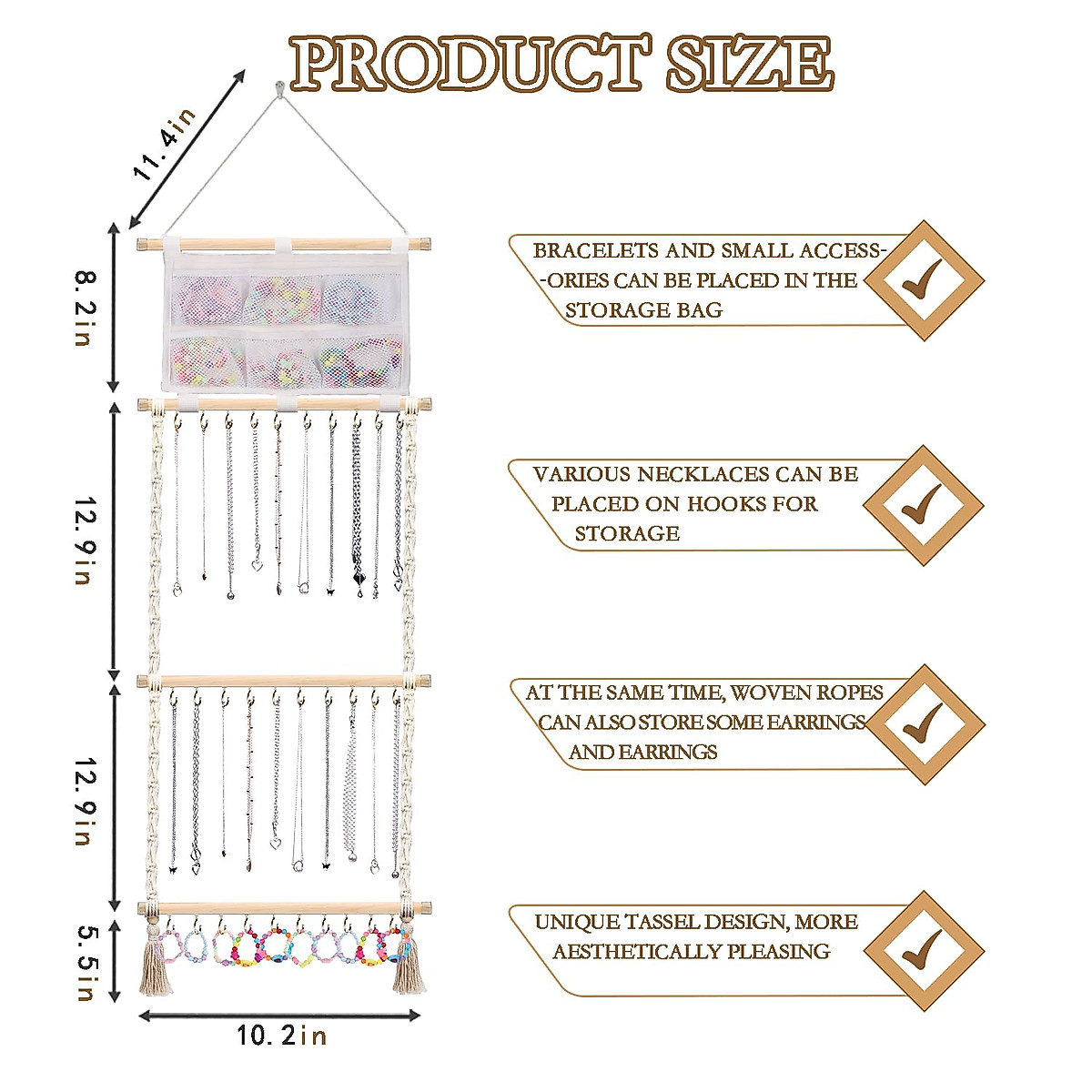 Lilcolat Hanging Jewelry Organizer Macrame Necklace Holder with 30 Hooks Wall Mounted Jewelry Hanger Over Door Necklace Rack with Tassel for Necklaces Bracelet Earrings Display Headband Bow Organizer