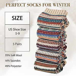 Loyaidn 5 Pairs Womens Wool Socks - Thick Soft Women's Socks, Winter Warm Boot Socks for Women Men, Fall Socks, Multicolored