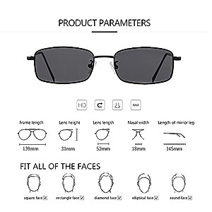 ADE WU Rectangle sunglasses for Women Men Vintage 90s Small Narrow Metal Frame Square Sun Glasses Unisex (Black Frame Grey Lens)