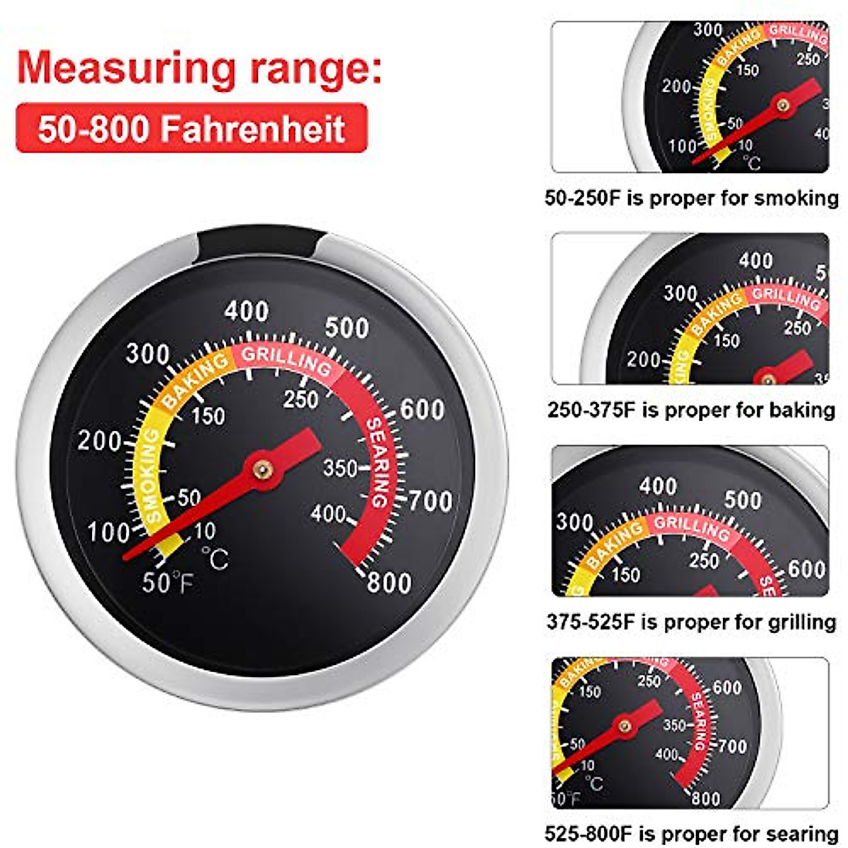Frienda 3 Packs Charcoal Grill Temperature Gauge Thermometer Gauge Wood Barbecue Charcoal Grill Thermometer Heat Indicator for Lamb Beef Meat Cooking, 2-3/8 Inch Dial and 2-7/8 Inch Stem