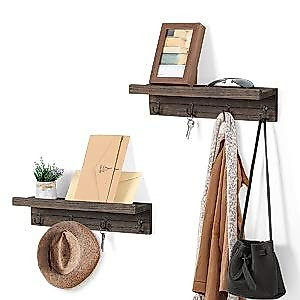 LIANTRAL Coat Rack Wall Mount, Set of 2 Wall Shelf with Hooks, 4 Coat Hooks & Wood Shelf, Wall Hooks for Hats, Coats, Keys, Entryway, Mudroom, Living Room