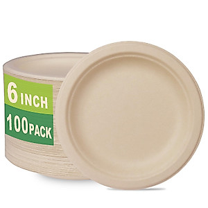 GreenWorks 100 Count 6“ Small Compostable Dessert Plates, Heavy-duty Unbleached Biodegradable Bagasse and Bamboo fiber Paper Plates